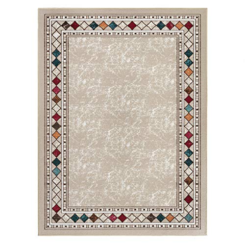 Antep Rugs Alfombras Modern Bordered 5x7 Non-Skid (Non-Slip) Low Profile Pile Rubber Backing Indoor Area Rugs (Maroon Beige, 5' x 7')