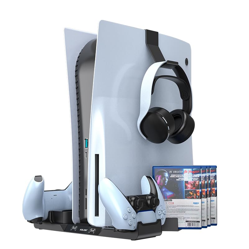 AOLION Accessories Stand for Disc & Digital Edition, Dual Controller Charger Station, Headset Holder, 12 Games Storages, 8pcs Thumb Grip Caps