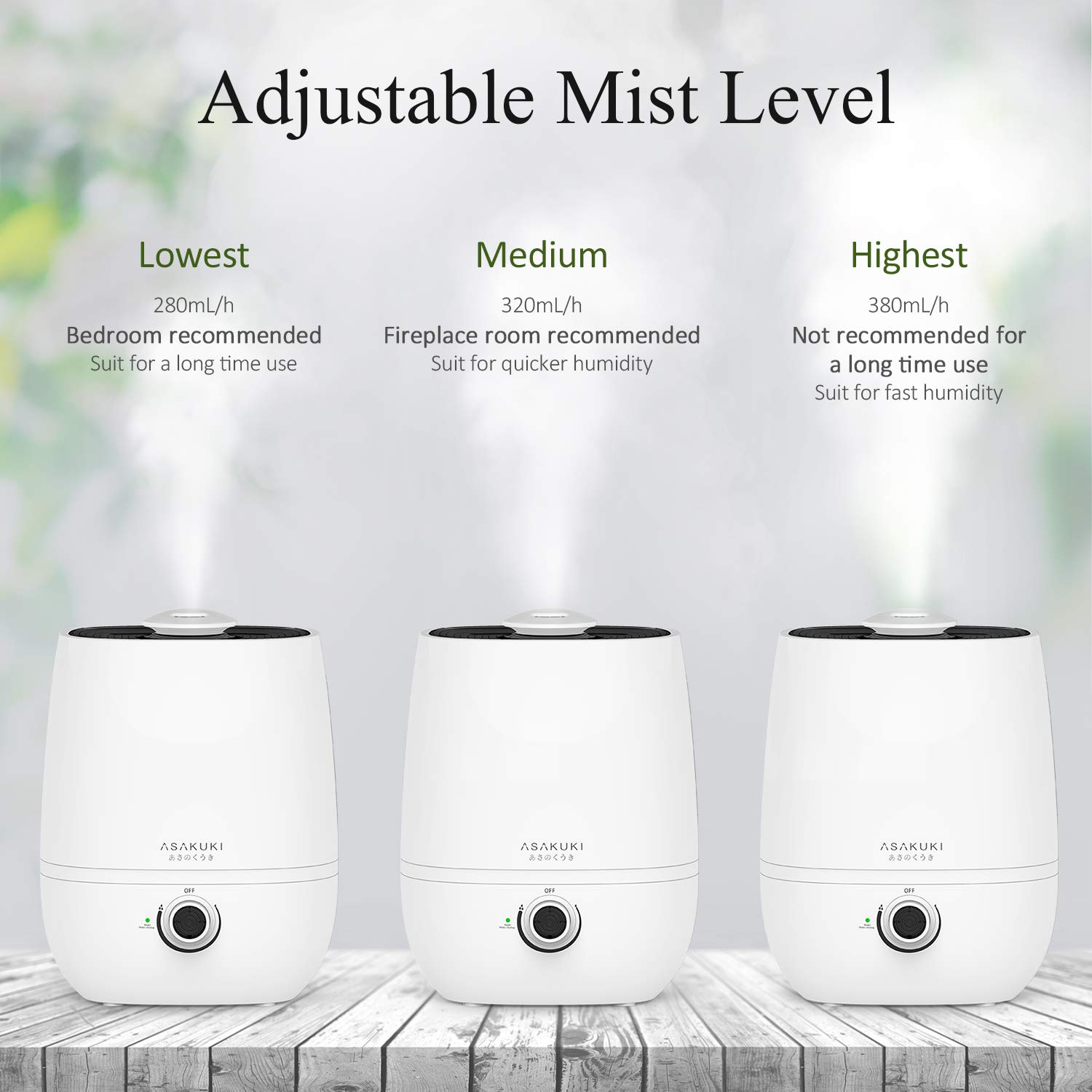 ASAKUKI Cool Mist Humidifier, Large 4L Capacity Ultrasonic Diffuser Vaporizer, Whisper-Quiet Air Humidifier for Home,Office,Bedroom,Baby, Lasts up to 20-60 Hours