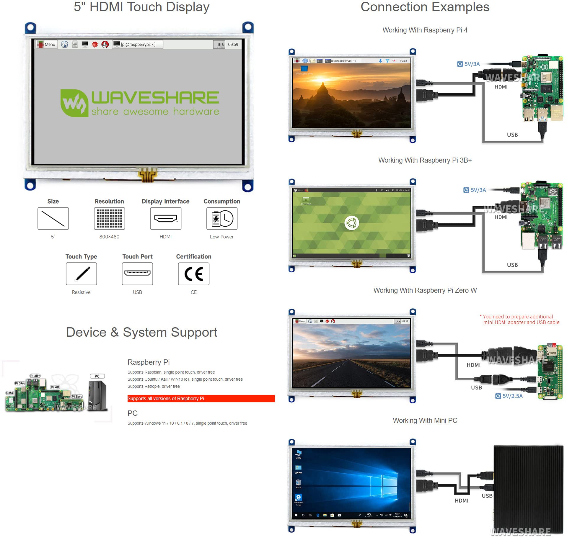 waveshare 5 Inch Resistive Touch Screen LCD(B) 800X480 High Resolution HDMI USB Interface for Raspberry Pi/Banana Pi Mainboard/Raspberry Pi 3 Model B/3B+