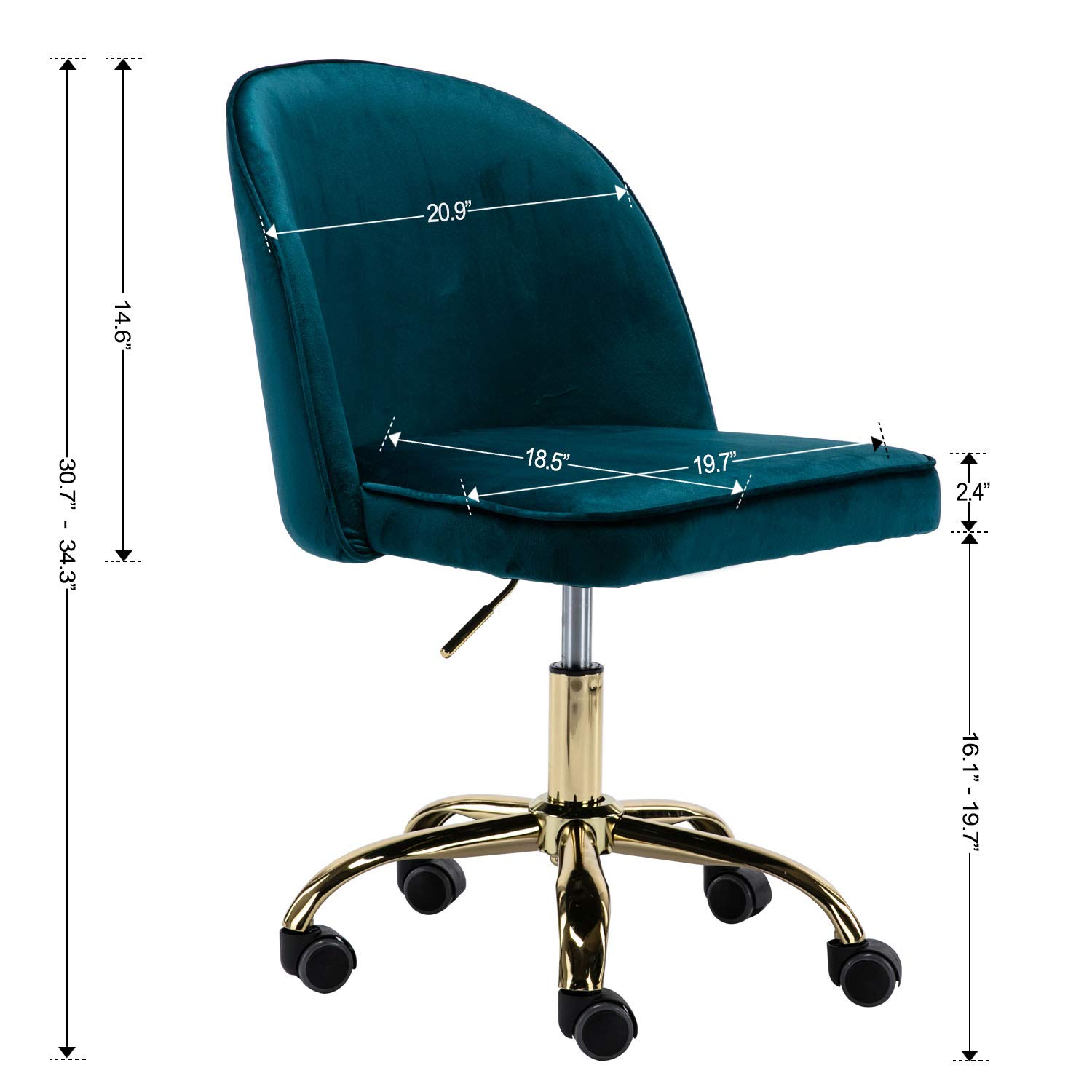 Armless Home Office Chair Upholstered Velvet Swivel Task Chair Adjustable Vanity Chair with Wheels Modern Desk Chair for Study (Dark Teal)