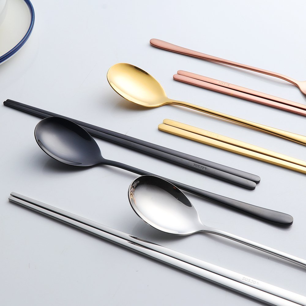 Buyer Star 4 Set Chopsticks Spoon Set, 4 Color Reusable Metal Stainless Steel Korean Chopstix Spoon Set Christmas Gift