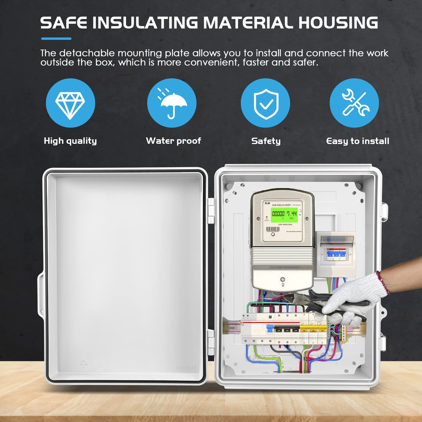 ARTYUIO Electrical Enclosure Box 16.7x11.4x7.4'' Waterproof Electrical Junction Box with Mounting Plate, Hinged Cover,Stainless Steel Latches IP66 Plastic Electrical Junction Boxes