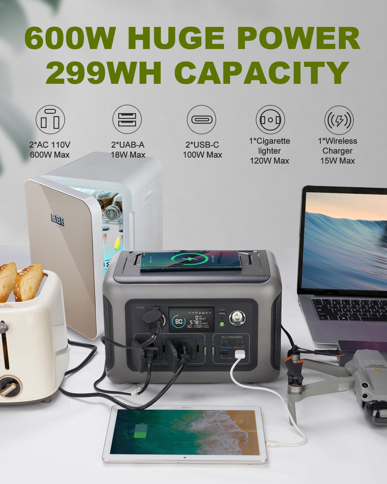ALLPOWERS R600 Portable Power Station with SP027 solar panel included, 600W 299Wh LiFePO4 Solar Generator with 100W Solar Charger, UPS Battery Backup, MPPT Solar Power for Camping RVs Home