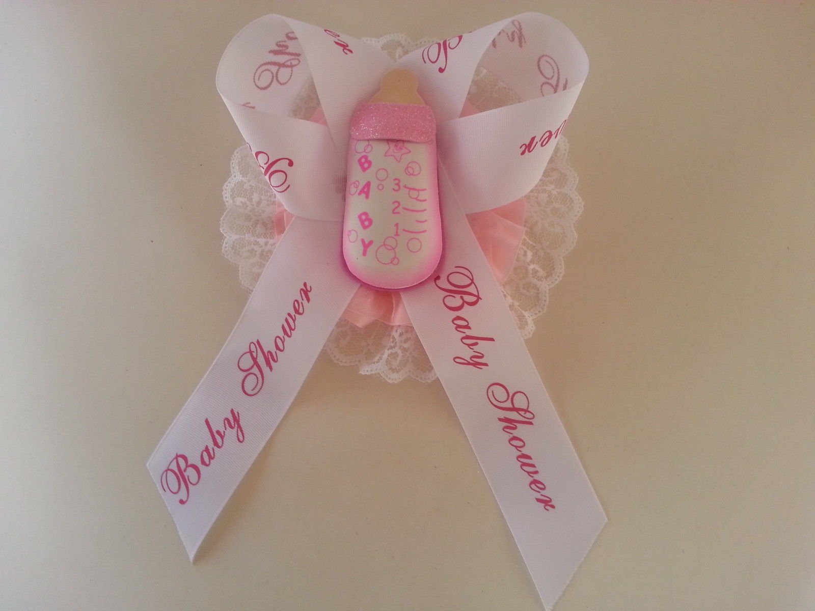 Welcome Baby Shower Mom To Be It's a Girl Sash Pink Bottle Ribbon and Corsage