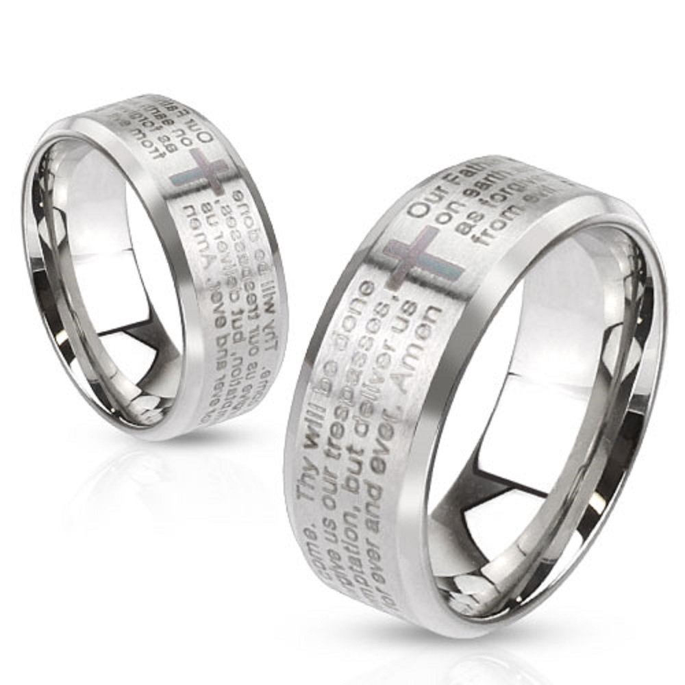 Artisan Owl Lord's Prayer Laser Etched Brushed Finish Stainless Steel Ring with Cross (12)