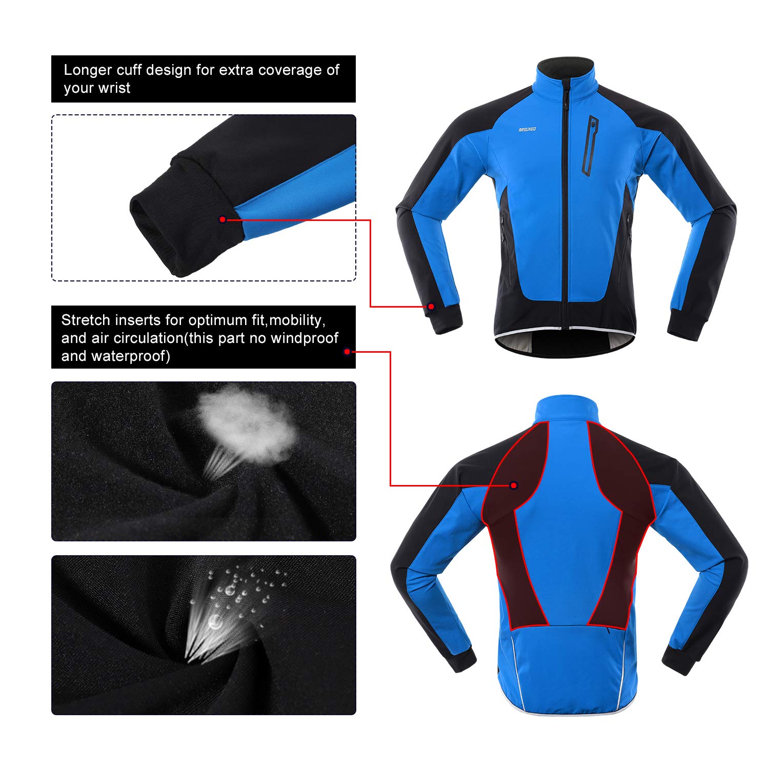 ARSUXEO Men's Winter Cycling Jacket Thermal Fleece Softshell Mountain Bike Outwear Windproof Waterproof 20B Blue Size Large