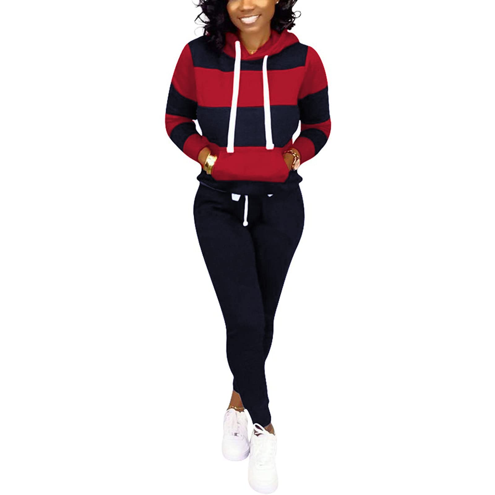 AOMONI 2 Piece Jogging Suits For Women Casual Hooded Long Sleeve Drawstring 2 Piece Outfits Tracksuits Black White XL