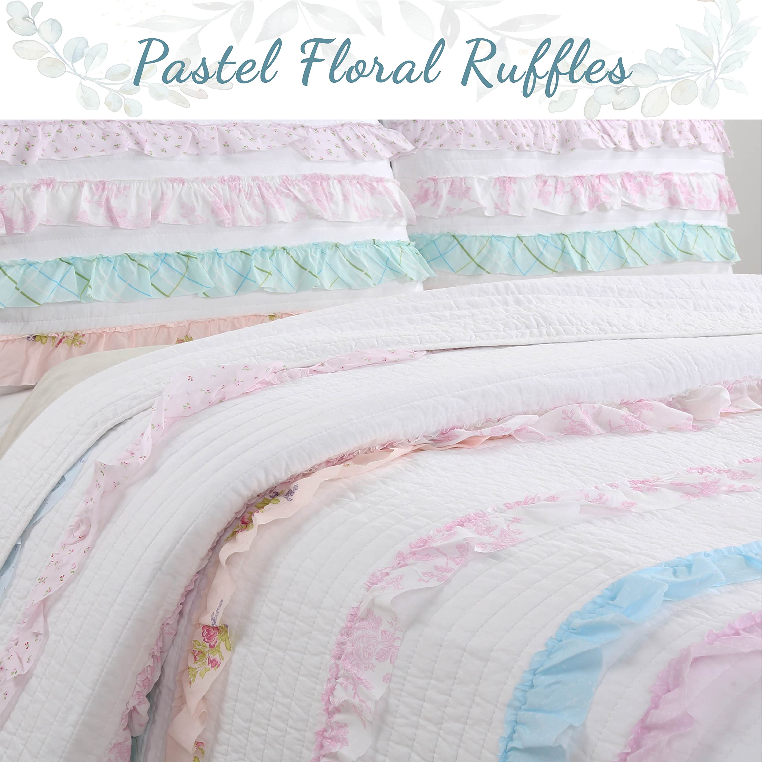 Cozy Line Home Fashions Light Pink Blue Coral White Ruffle 100% Cotton Reversible Girl Quilt Bedding Set, Reversible Coverlet Bedspread (Shabby Chic, Queen - 3 Piece)