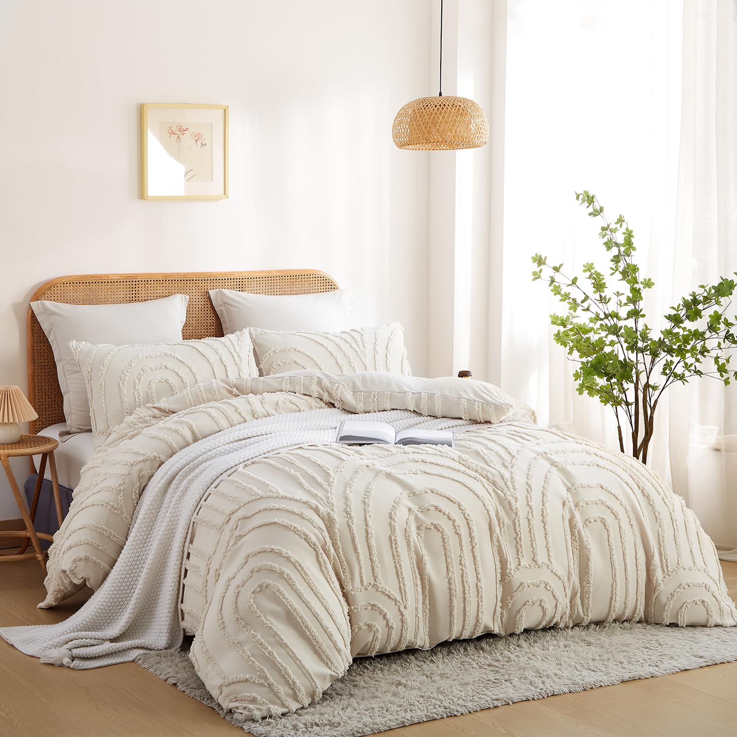 Nayoroom Boho Duvet Cover Queen Size Beige Tufted Chenille Rainbow Textured Comforter Cover 3 Pcs Luxury Soft Washed Microfiber Aesthetic Bedding Set with Zipper Closure for All Seasons