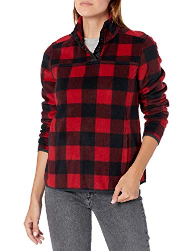 Amazon Essentials Women's Polar Fleece Long-Sleeve Mock Neck Relaxed-Fit Popover Jacket with Pockets, Black Red Buffalo Plaid, X-Large