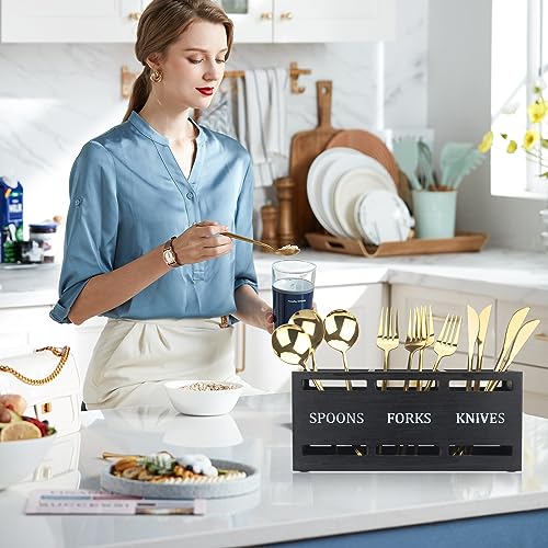 Ayiaren Wooden Silverware Caddies Flatware Cutlery Holder Wood Silverware Organizer Storage Containers Black Kitchen Utensils Holder for Countertop Spoon and Fork Holder Flatware Utensil Caddy