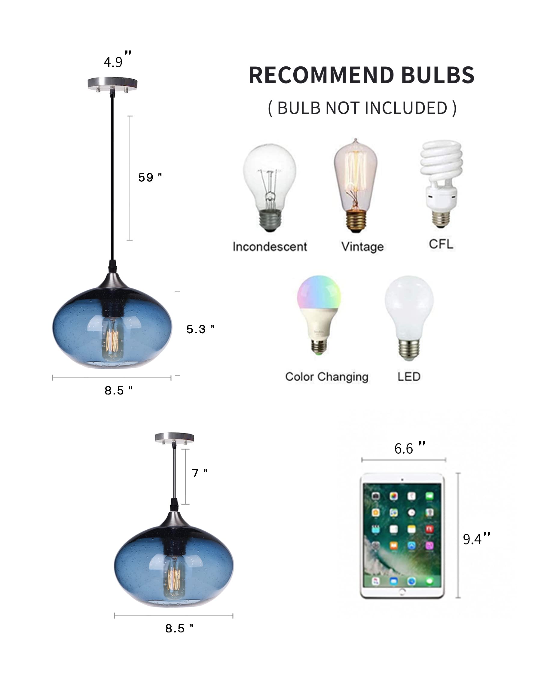ARIAMOTION Pendant Lighting for Kitchen Island Blown Glass Blue Modern Seeded Bubbles Mini Light Fixtures Dining table Bathroom Bedroom Sink Brushed Nickel 8.5 inch Diam 2 Pack