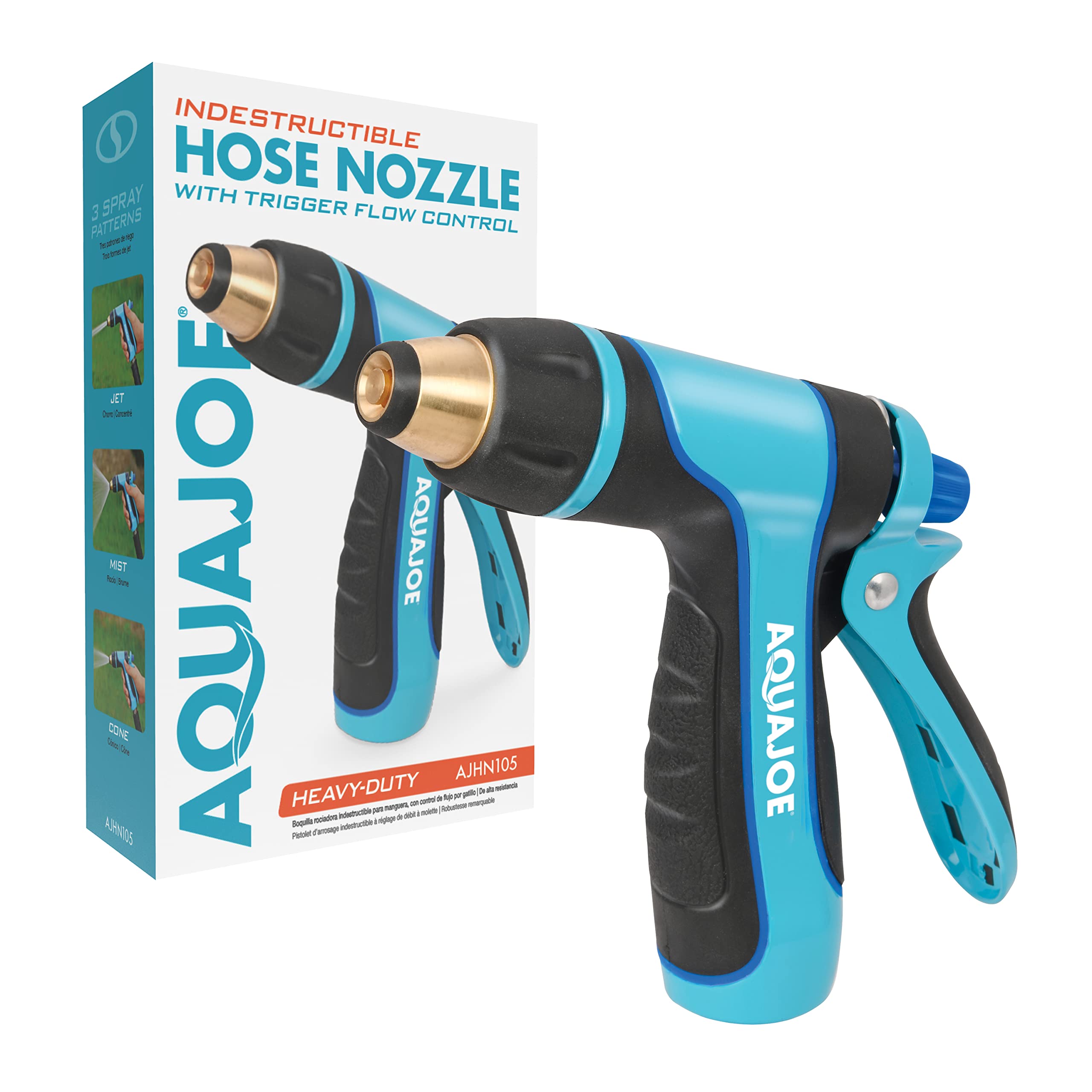 Aqua Joe AJHN105 Indestructible Multi-Function Adjustable Hose Nozzle, Trigger Flow Control, 3 Selectable Settings
