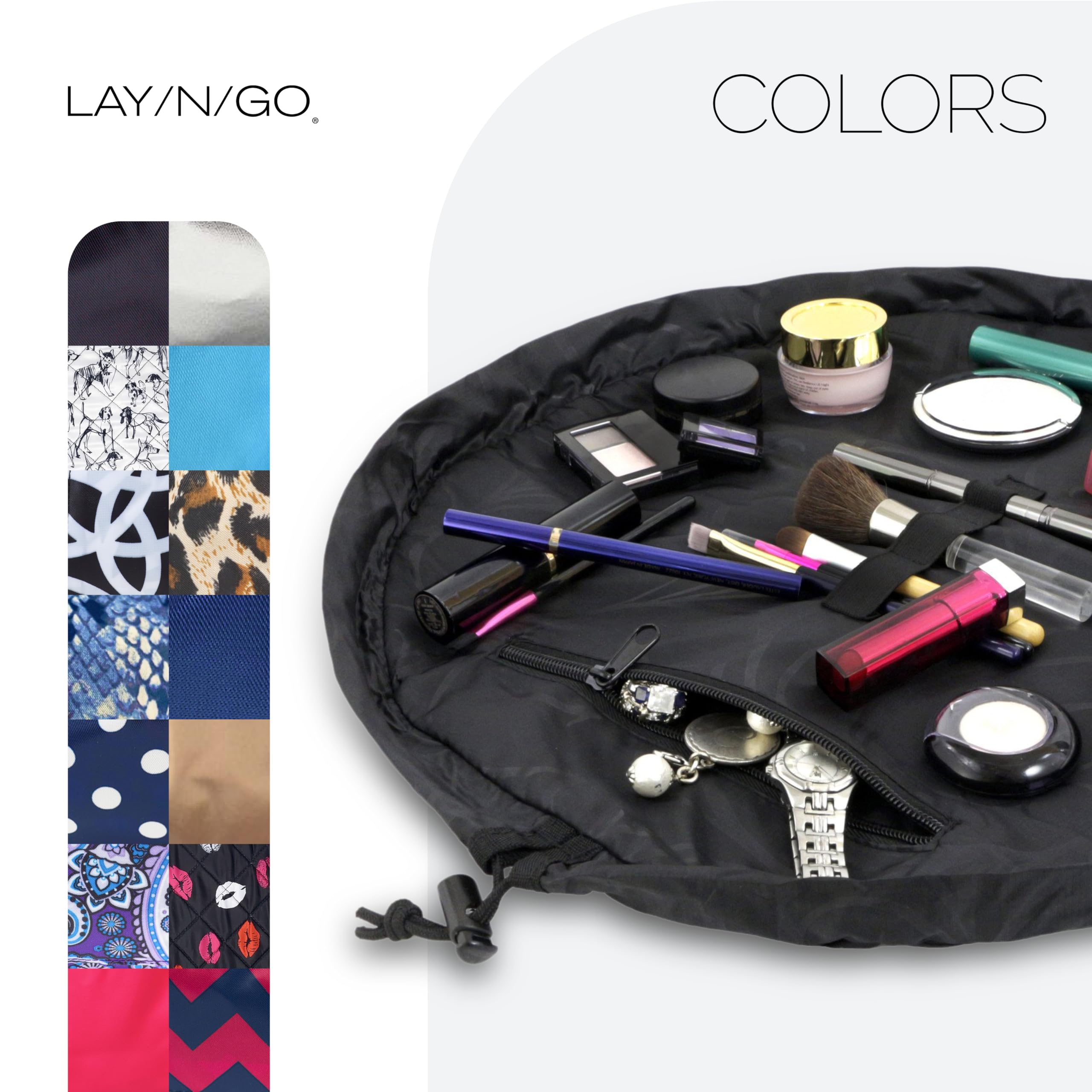 Lay-n-Go Cosmo Drawstring Cosmetic & Makeup Bag Organizer - Portable Drawstring Makeup Bag w/Zipper Pocket, Makeup Loops & More - Durable, Machine Washable Makeup Bag for Travel (20β, Black)