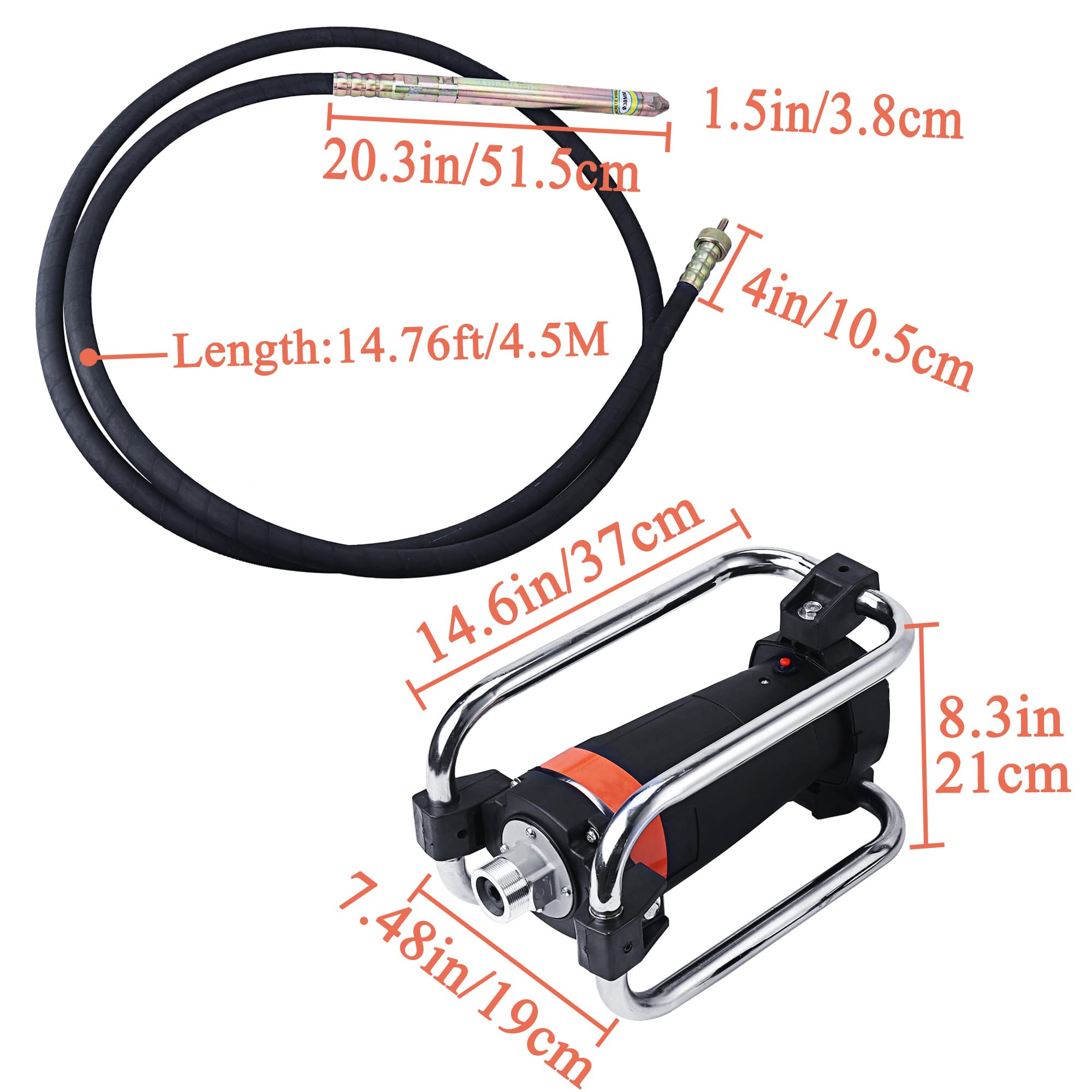 BIZOEPRO HandHeld Electric Concrete Vibrator 1600W 2HP 18000rpm 14-3/4 feet 4.5M Long Shaft Concrete Vibrating Tool Portable Construction Pencil Power Concrete Vibrators Remove Air Bubbles Level Tool
