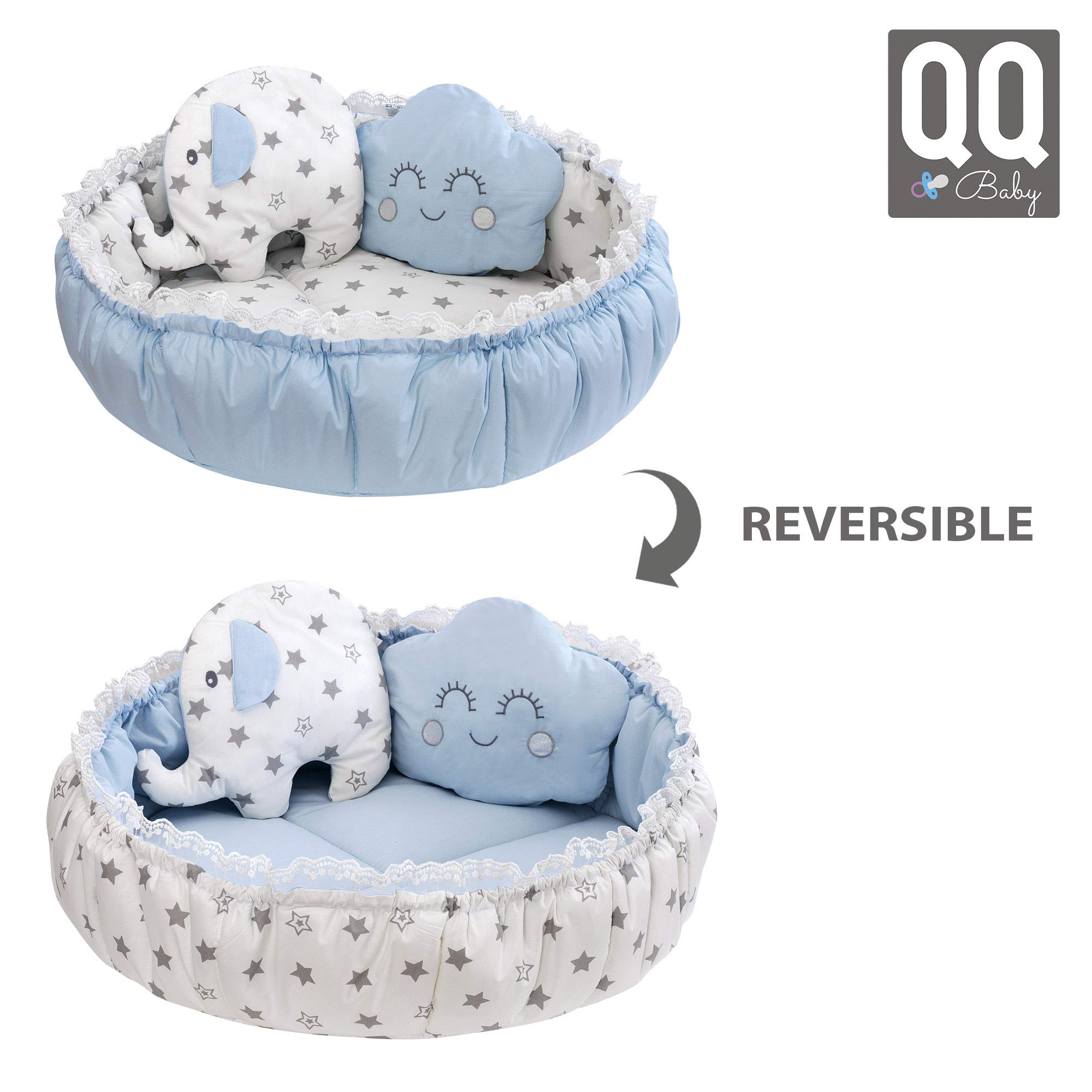 Baby Play Nest Sleeping Bed & Play Mat & Toy Bag | 100% Turkish Cotton | Multi-Functional & Adjustable | 3 Color Variations | 2 Decorative Pillows & Round Shape by QQ Baby