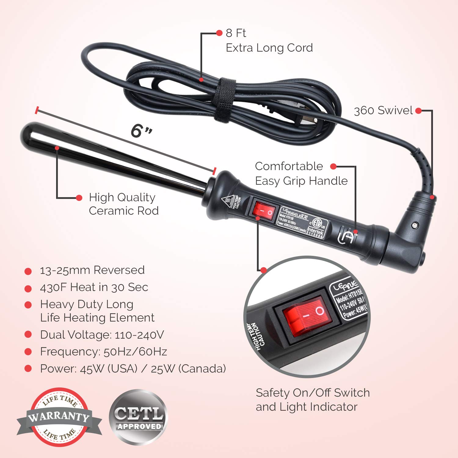Le Angelique Reverse Tapered Curling Wand for a Unique Curly Look - 1/2 to 1 Inch (13-25mm) Conical Curler Iron with Glove and 2 Clips | 430F Instant Heat | Ceramic Coating | Dual Voltage - Black