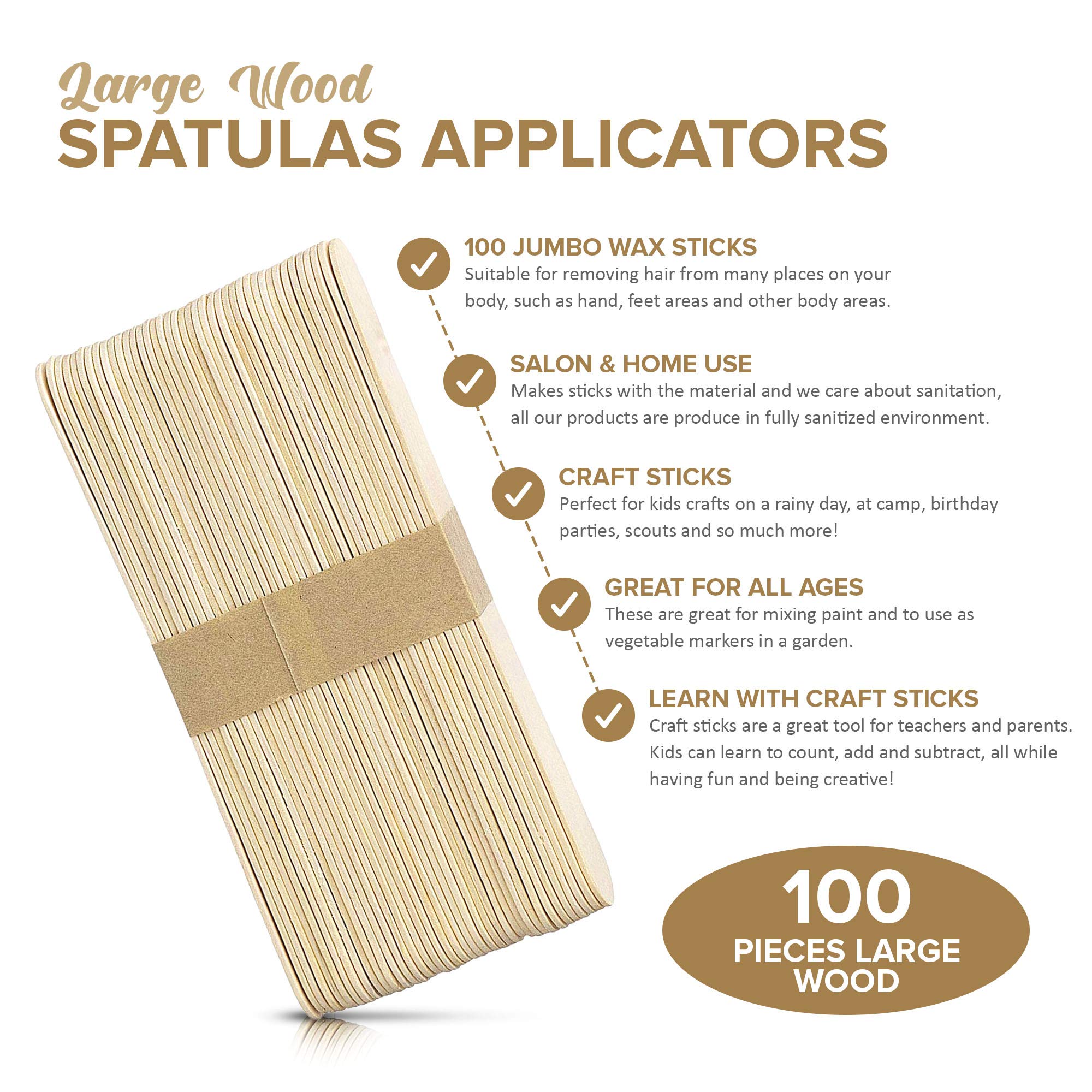 Rayson Wax Sticks 100 Pieces Large Wood Waxing Craft Sticks Spatulas Applicators for Hair Removal Eyebrow and Body