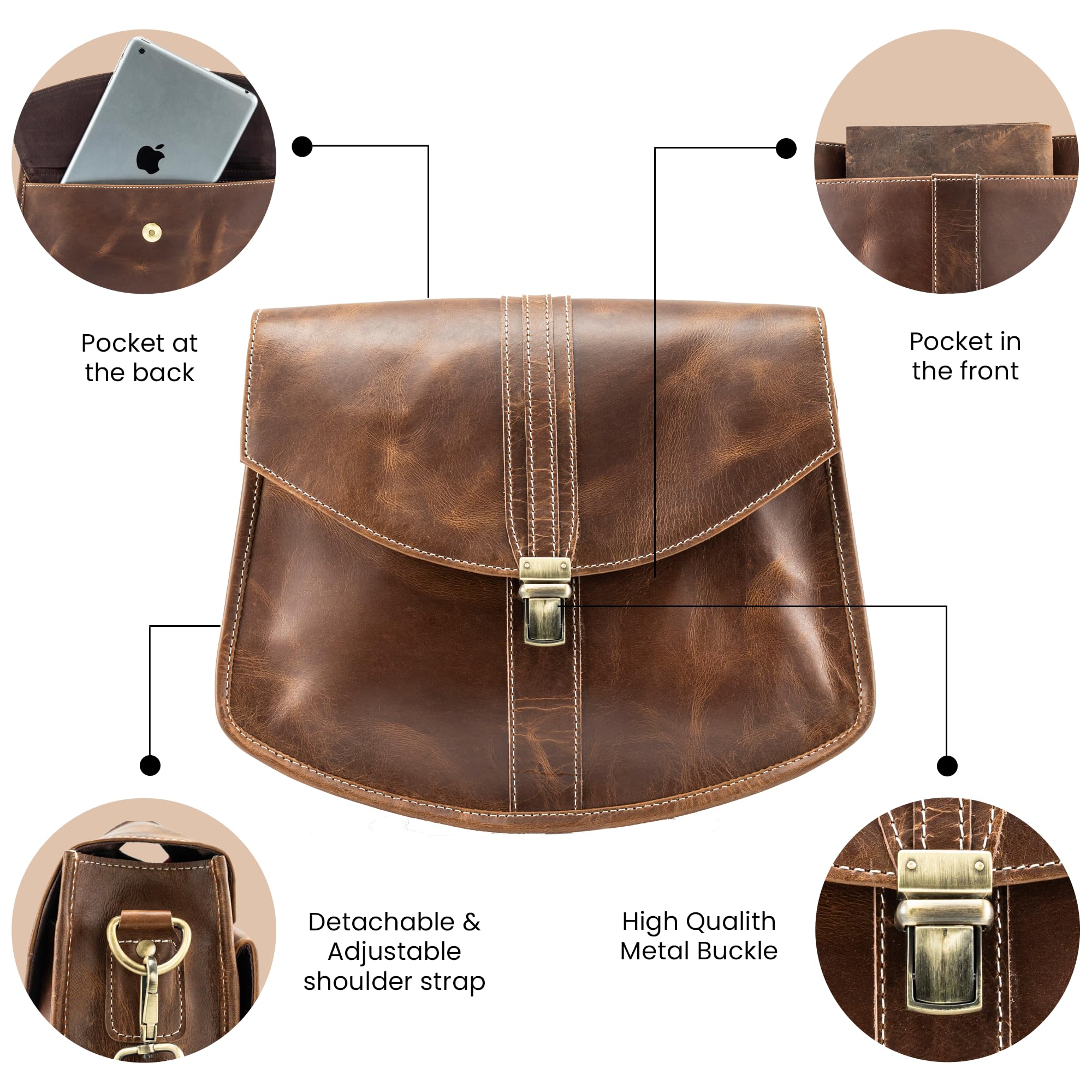 Handmade World Premium Leather Crossbody Satchel Bag For Women Handbag Travel Purse and Sling Saddle Bag (Brown)