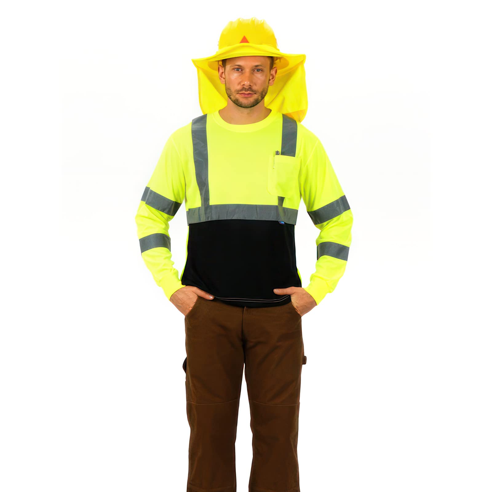 AYKRM Long Sleeve high Visibility Shirts Safety T Shirt Reflective High Visibility hi vis Long Sleeve T Shirt (Yellow, L)
