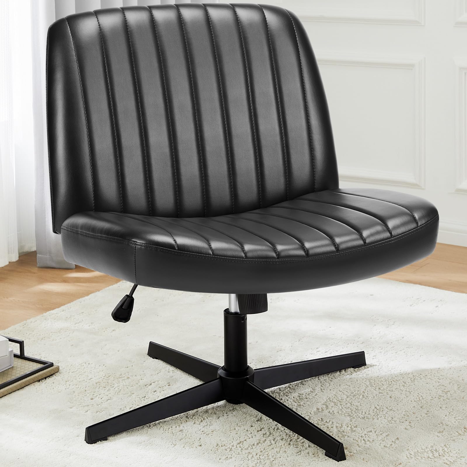DUMOS Cross Legged Armless Wide Wheels, Modern Home Office Desk Swivel Adjustable Vanity Chair, Leather Black
