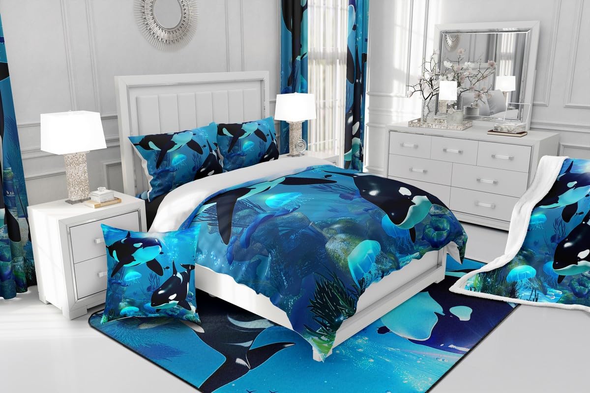 Teal Ocean Whale Comforter Cover Jellyfish Killer Whale Bedding Sets The Underwater World Duvet Cover Set Orcinus Orcas Deep Sea Animals Marine Life Bedspreads Cover With 2 Pillow Cases Full Size