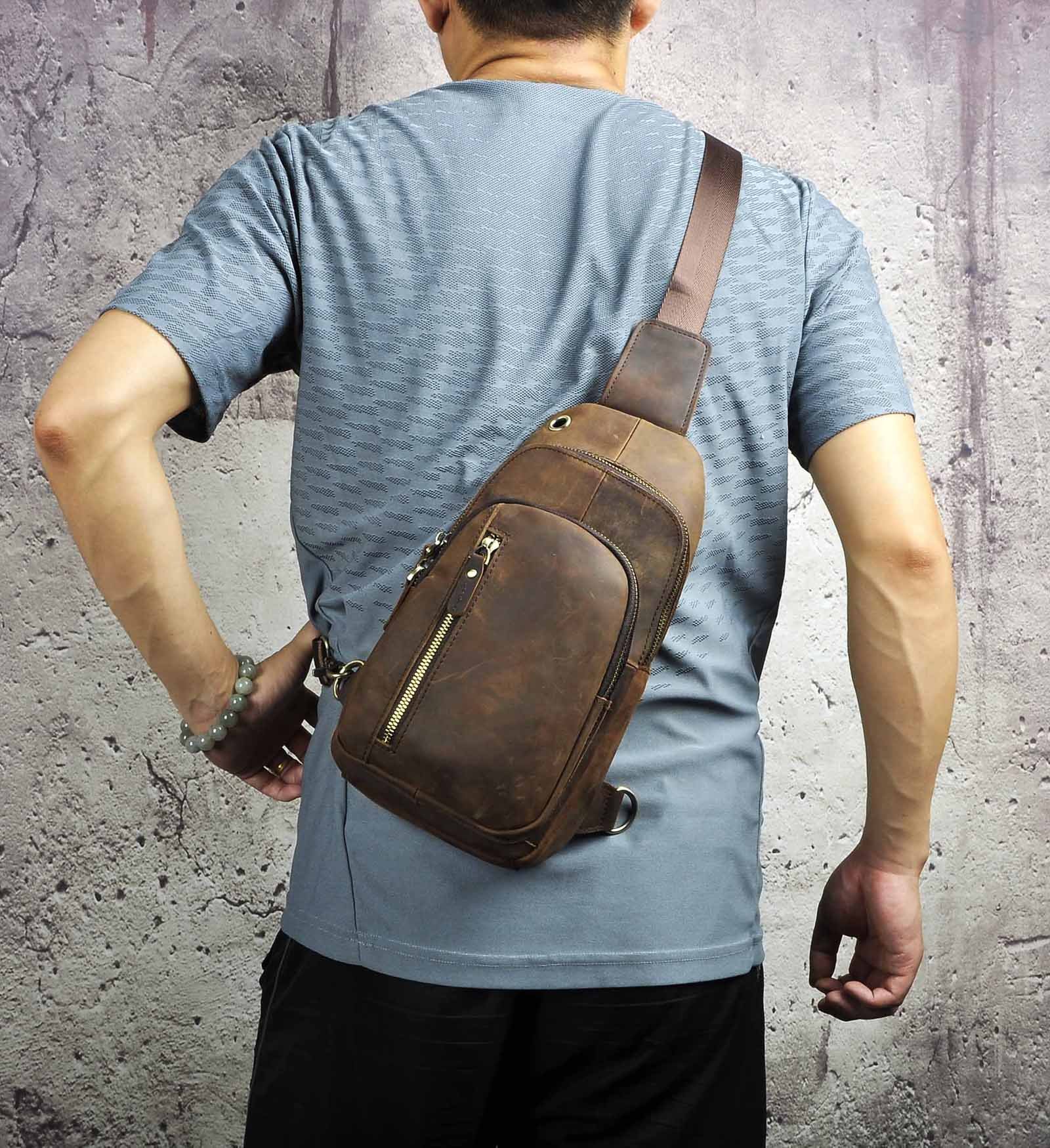 Le'aokuu Men Outdoor Casual Travel Hiking Tea Crossbody Chest Sling Bag Rig One Shoulder Strap Bag Backpack Men Leather
