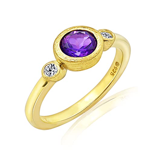 Amazon Collection Yellow Gold Plated Sterling Silver Round-Shaped Amethyst and Infinite Elements Cubic Zirconia with Textured Finish Ring, Size 7