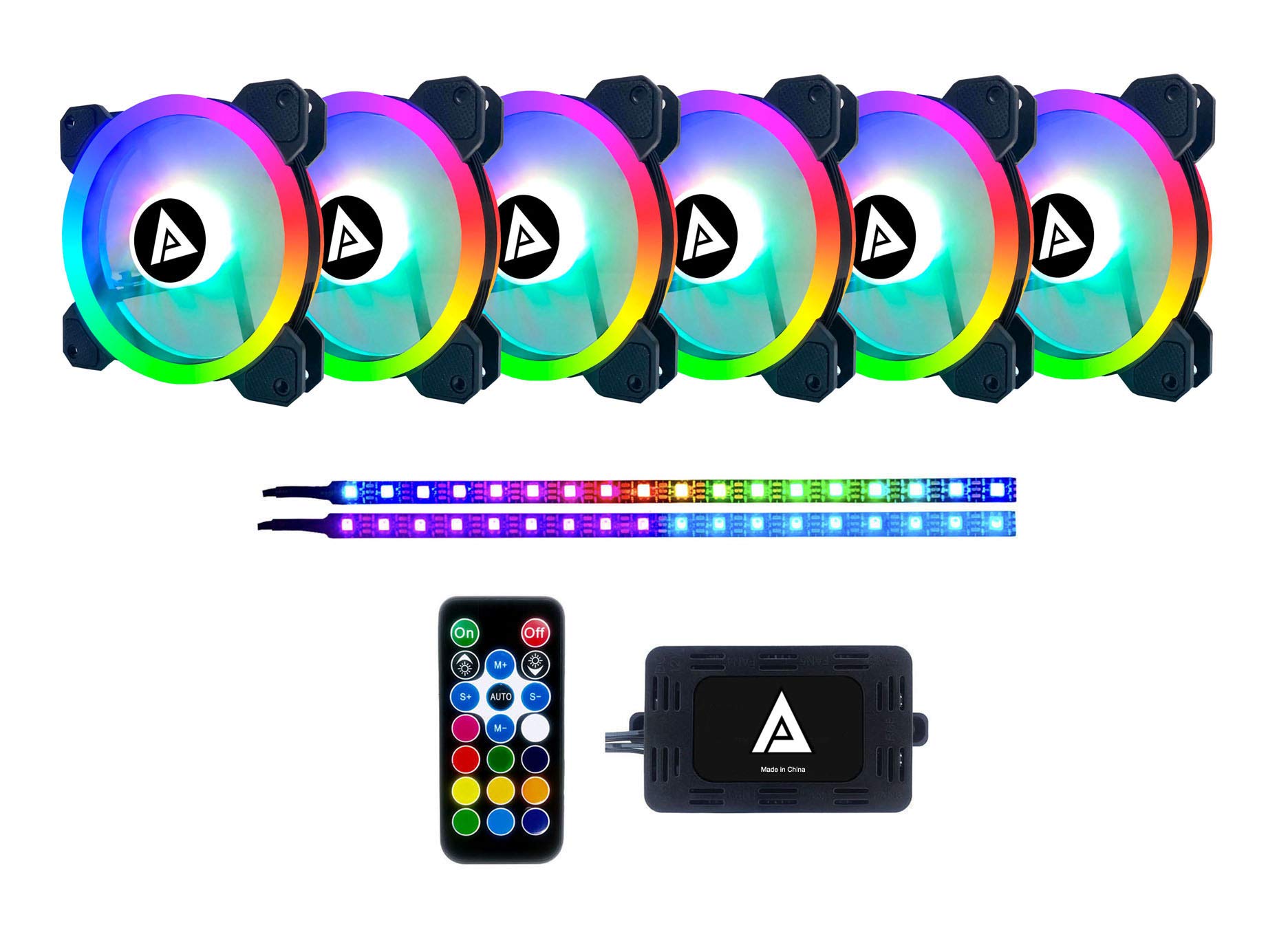 Apevia TL612L2S-RGB Twilight 120mm Silent Dual-Ring RGB Color Changing LED Fan w/Remote Control, 28x LEDs & 8X Rubber Pads w/ 2 LED Strips (6+2-pk)