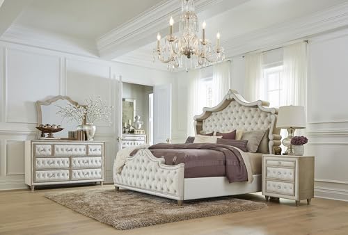 Coaster Home Furnishings Antonella Modern Classic 5-Piece Bedroom Set Velvet Upholstered Eastern King Size Panel Bed Frame 79-inch Headboard Ivory and Camel 223521KE-S5