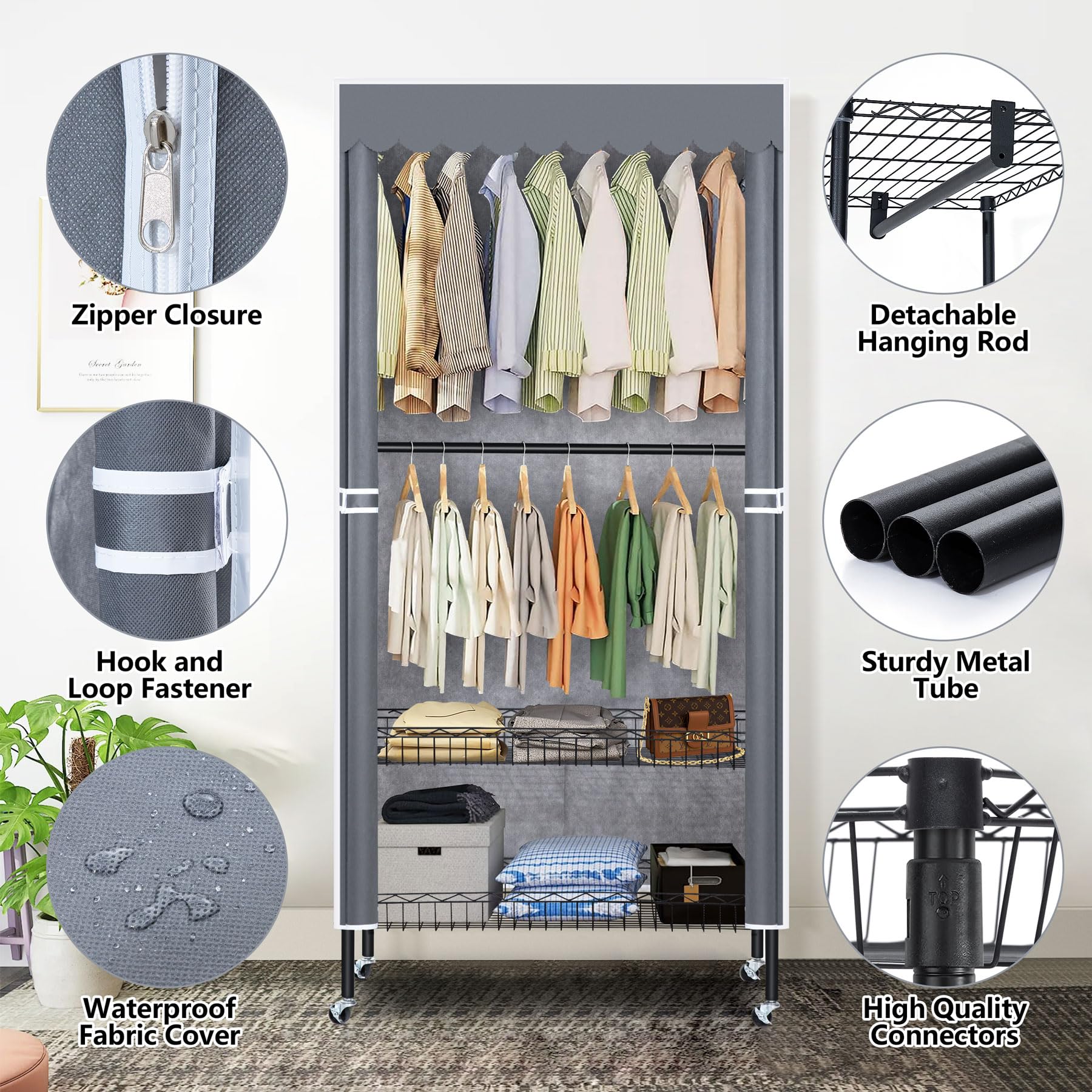 BVBOX Clothing Rack, Robust Wardrobe Organizer with 700LBS Load Capacity, Adjustable Metal Garment Rack for Hanging Clothes - Wire Closet Rack for a Sturdy Wardrobe (31" W x 70" H x 117" D)