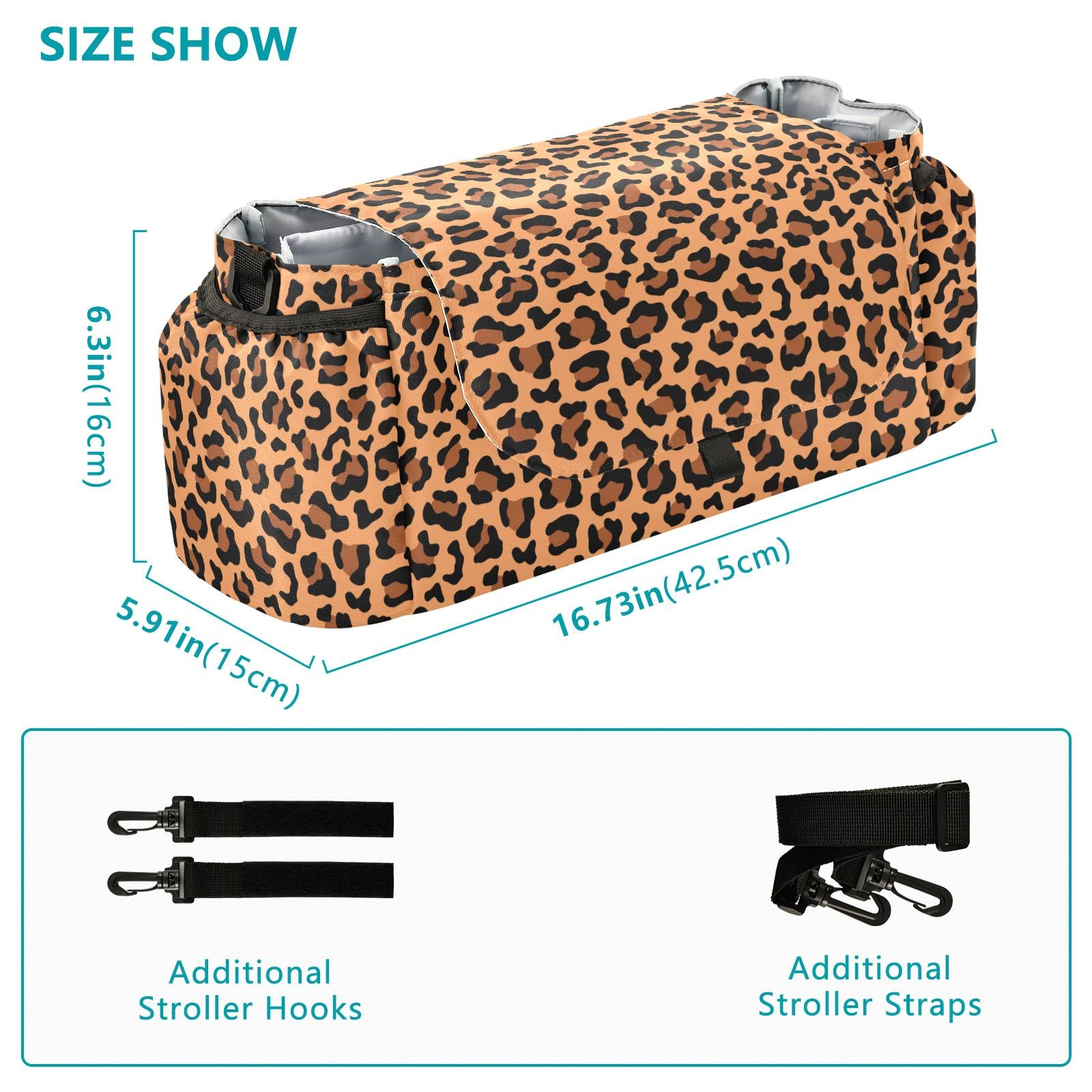 BOENLE Universal Baby Stroller Organizer with Two Insulated Cup Holders Brown Leopard Print Detachable Zipper Bag,Large Capacity for Baby Essentials