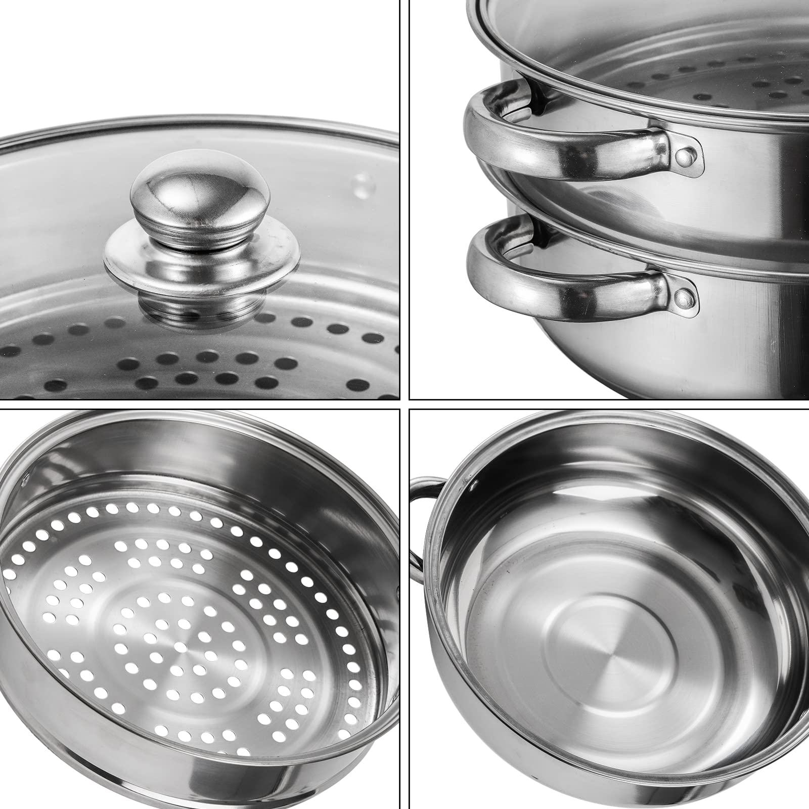 ZENFUN Steamer for Cooking, Steamer Pot with Steamer Insert, 2 Tier Stack and Steam Pot Set with Glass Lid, Stainless Steel Steamer Pot Double Handle, 11 Inch(Thickened)