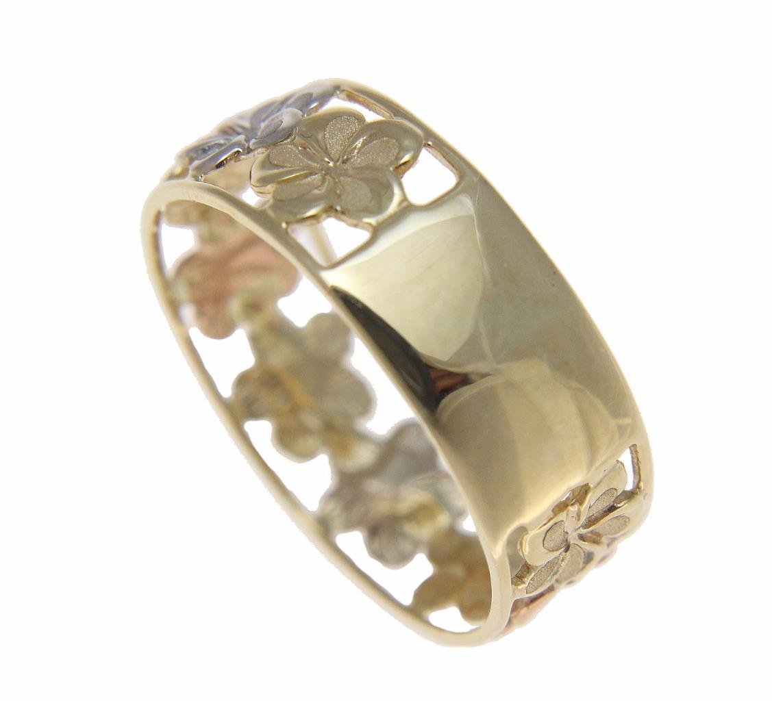 Arthur's Jewelry 14K solid tricolor yellow white rose gold Hawaiian plumeria flower lei ring 6.5mm size 6