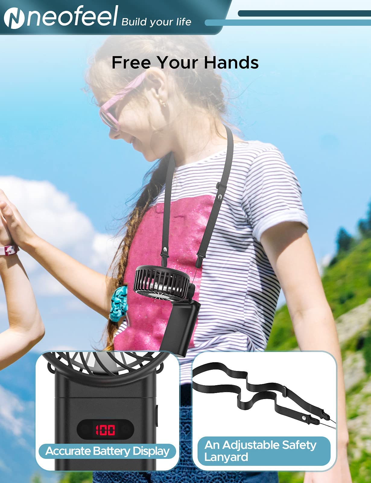 neofeel Portable Handheld Fan, 4000mAh 15hrs Personal Fan with Adjustable Lanyard, 4 Speeds Battery Operated Fan In Rechargeable for Hiking, Travel, Office, School, Camping