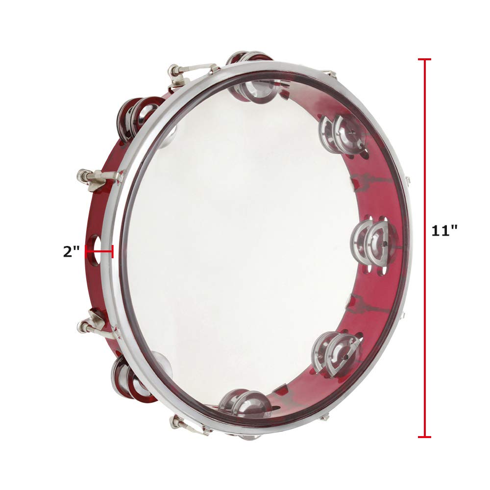 ENNBOM Tambourine Adjustable Tone Hand Drum Double Row Metal Jingles Hand Bell Performance Level Handheld Percussion (Red)