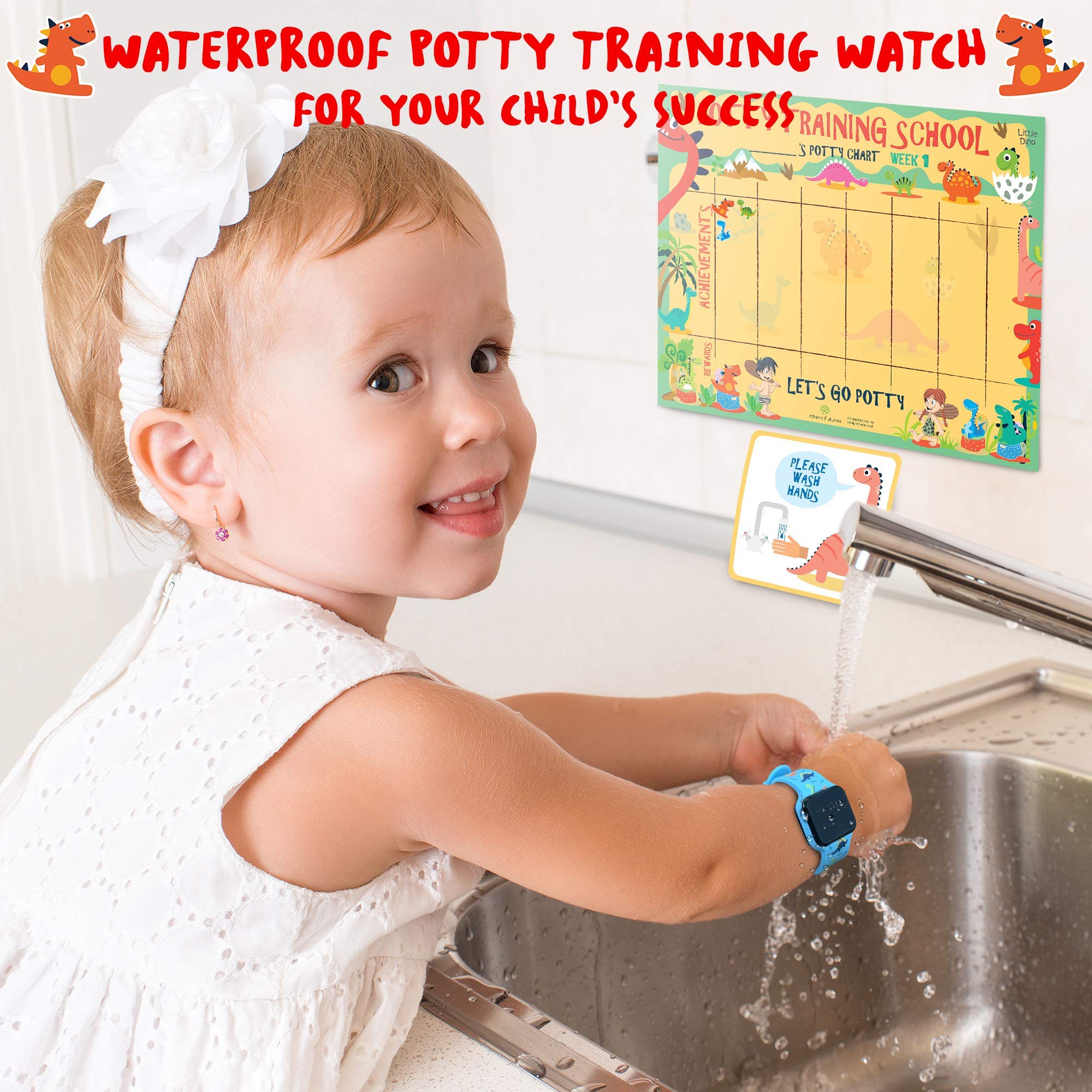 ATHENA FUTURES Potty Training Timer Watch with Flashing Lights and Music Tones and Potty Training Chart for Toddlers - Dinosaur and Kids Design