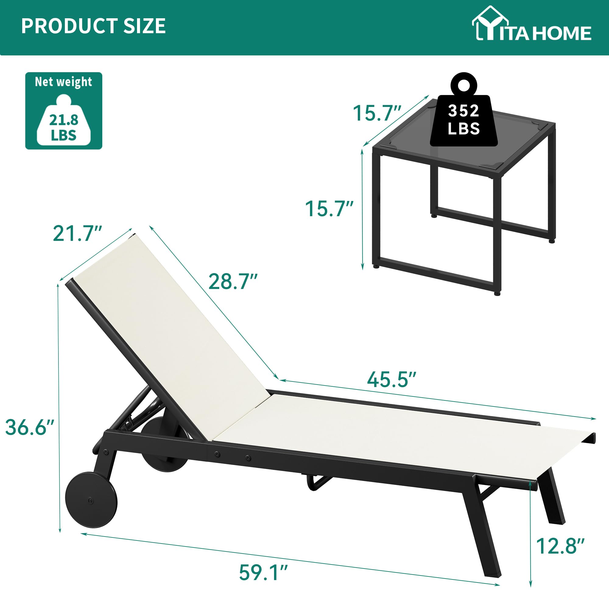 YITAHOME Outdoor Chaise Lounge Chairs Set with Side Table, Adjustable Backrest Poolside Loungers with Aluminum Frame/Textile Fabric/Wheels for Pool Beach Patio Lawn Porch (Beige)