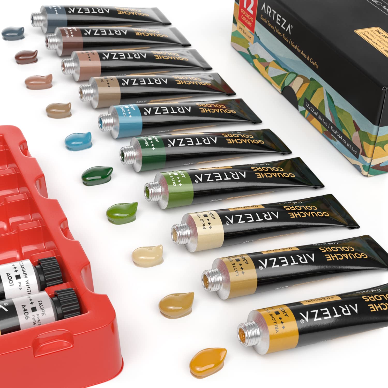 ARTEZA Gouache Paint, Set of 12, Earth Tones, 0.4 US fl oz Gouache Paint Tubes, Opaque Gouache Set for Canvas and Paper