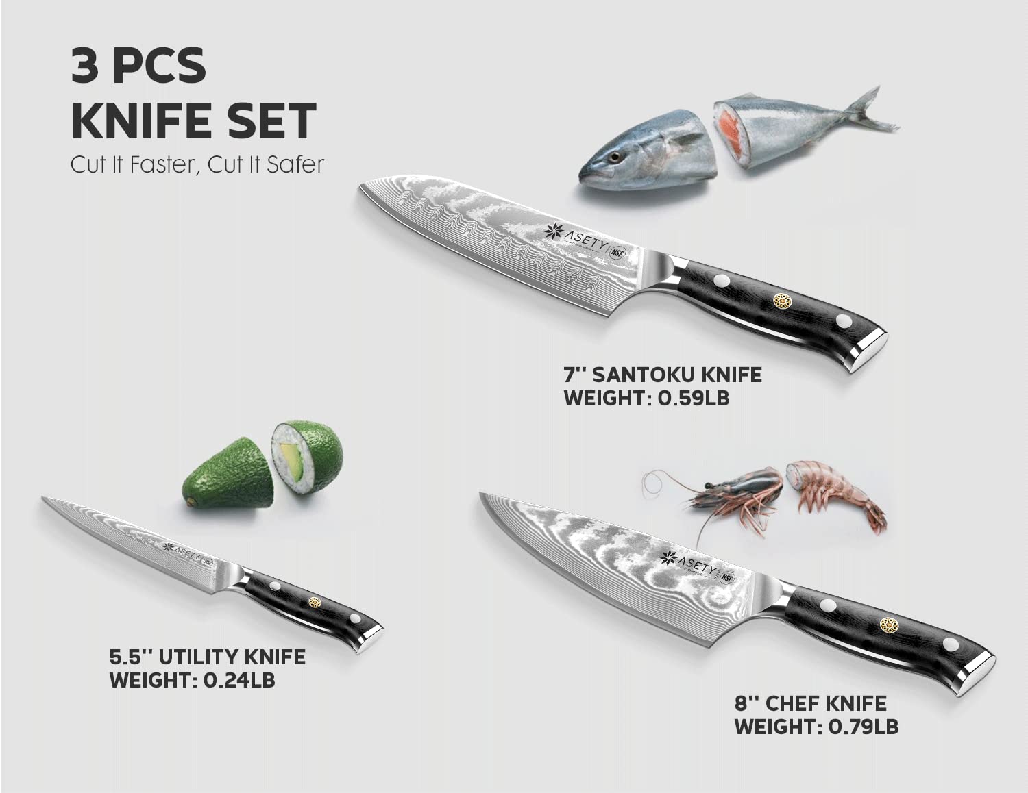 ASETY Damascus Knife Set 3 PCS, NSF Food-Safe Japanese Kitchen Knife Set with VG10 Steel Core, Ultra-Sharp Professional Chef Knife Set and Full Tang G10 Handle, Gift Box