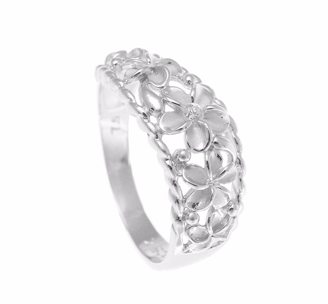 Arthur's Jewelry Sterling silver 925 Hawaiian 5 plumeria flower cz ring curve style rhodium plated size 10