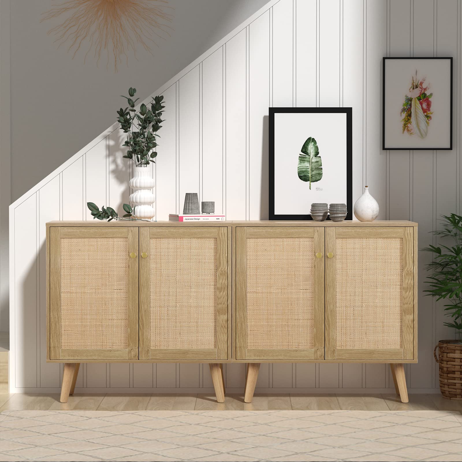Anmytek Rattan Cabinet, 2 Door Sideboard Buffet Cabinet with Adjustable Shelf Wood Storage Cabinet for Living Room Dining Room Kitchen Hallway Entryway,H0082