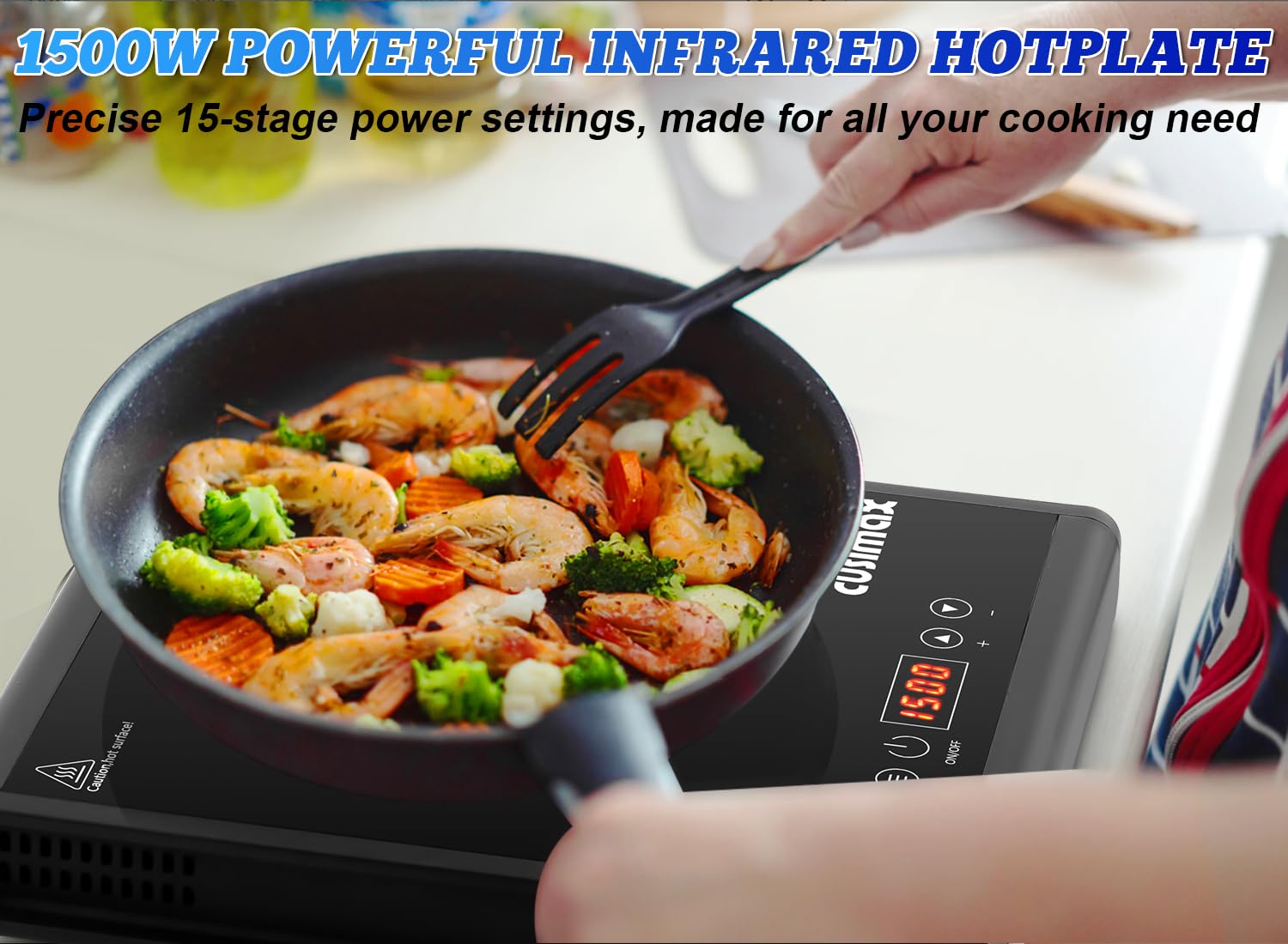 CUSIMAX 1500W Hot Plate Electric Stove with LED Display, Portable Infrared Electric Burner Ceramic Cooktop, Adjustable 15 Power and Time 2h, Compatible with All Cookware