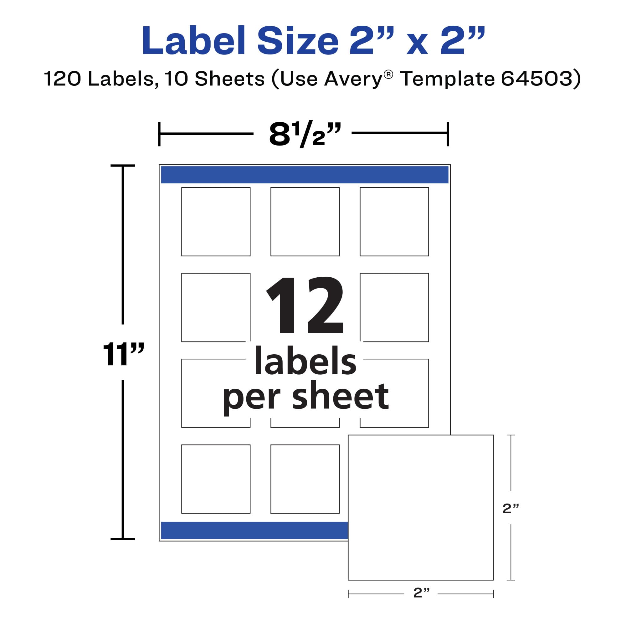 Avery Durable Waterproof Oil-Resistant Film Labels with Sure Feed Technology, 2" x 2" Square, Laser/Pigment-Inkjet, 120 Labels (64503)