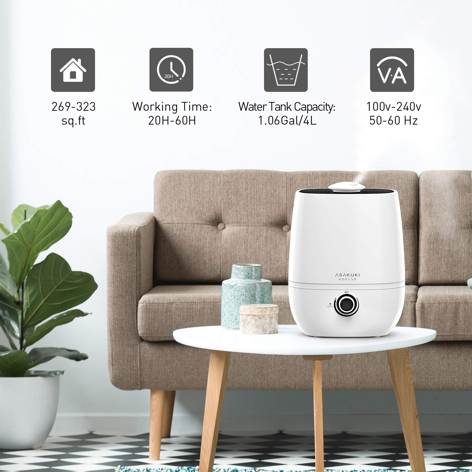 ASAKUKI Cool Mist Humidifier, Large 4L Capacity Ultrasonic Diffuser Vaporizer, Whisper-Quiet Air Humidifier for Home,Office,Bedroom,Baby, Lasts up to 20-60 Hours
