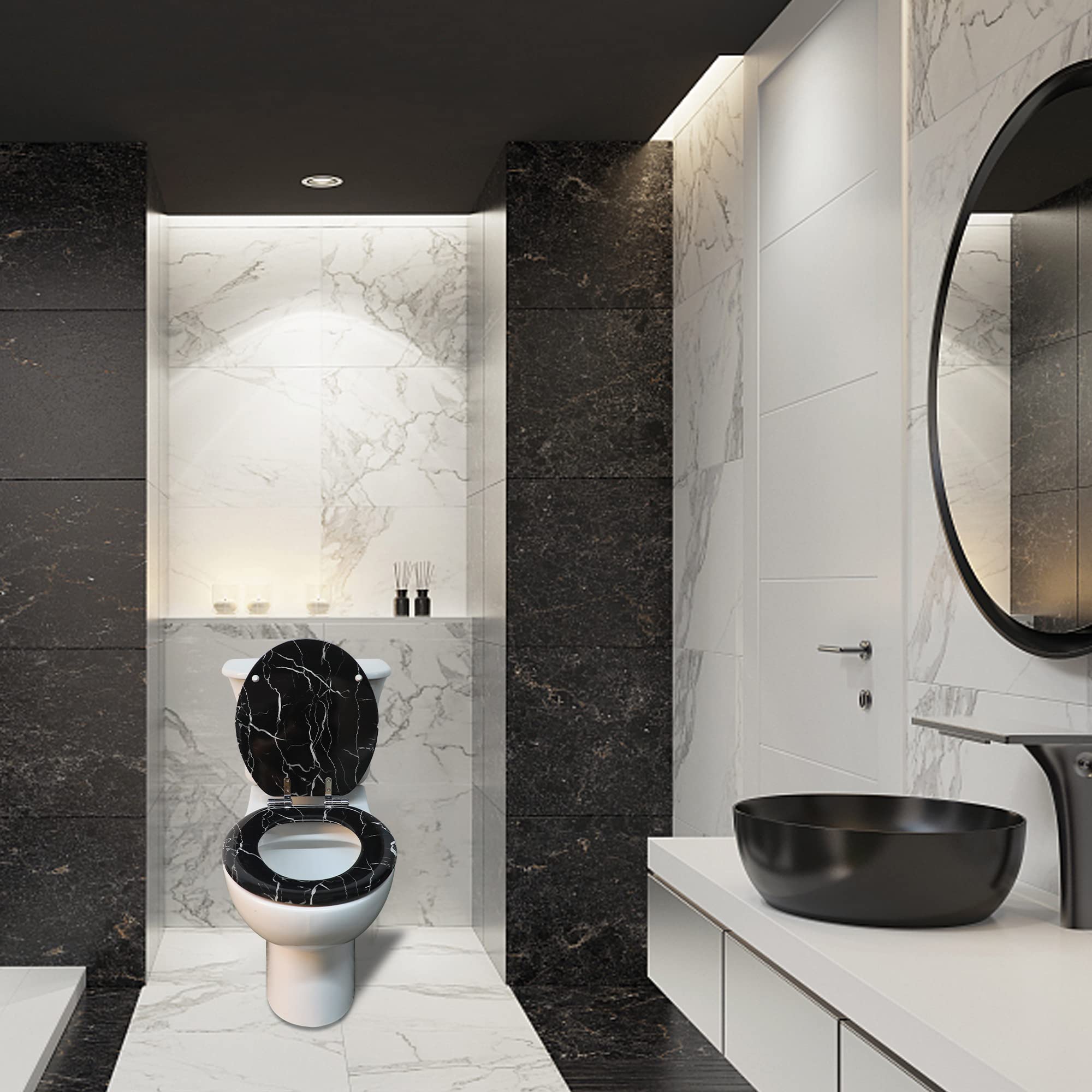 Angel Shield Marble Toilet Seat Durable Molded Wood with Quiet Close,Easy Clean,Quick-Release Hinges (Round,Black Marble)