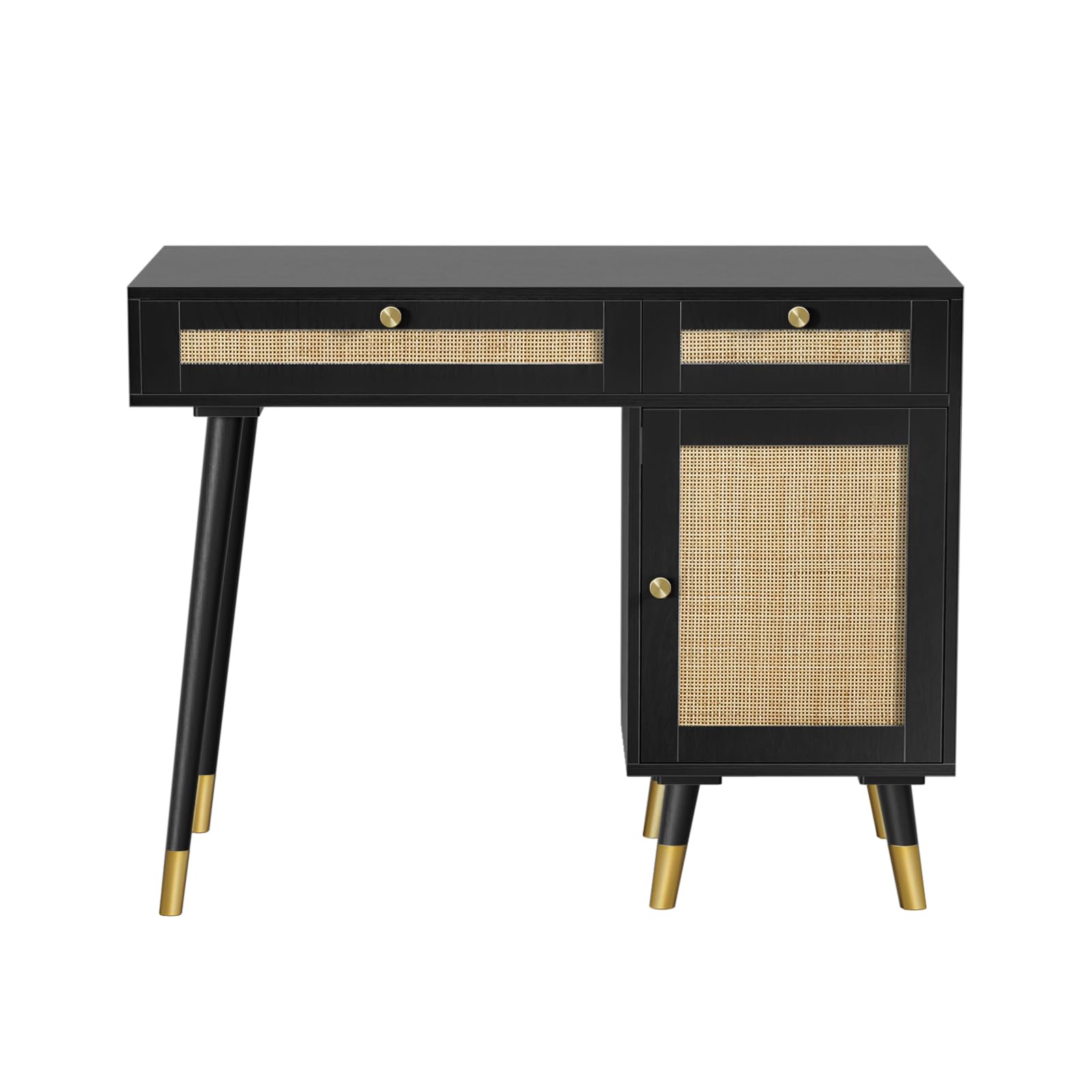 Anmytek Rattan Vanity Desk with Drawers and Storage, Black Makeup Vanity Table Modern Home Office Desk Computer Desk for Study D0005