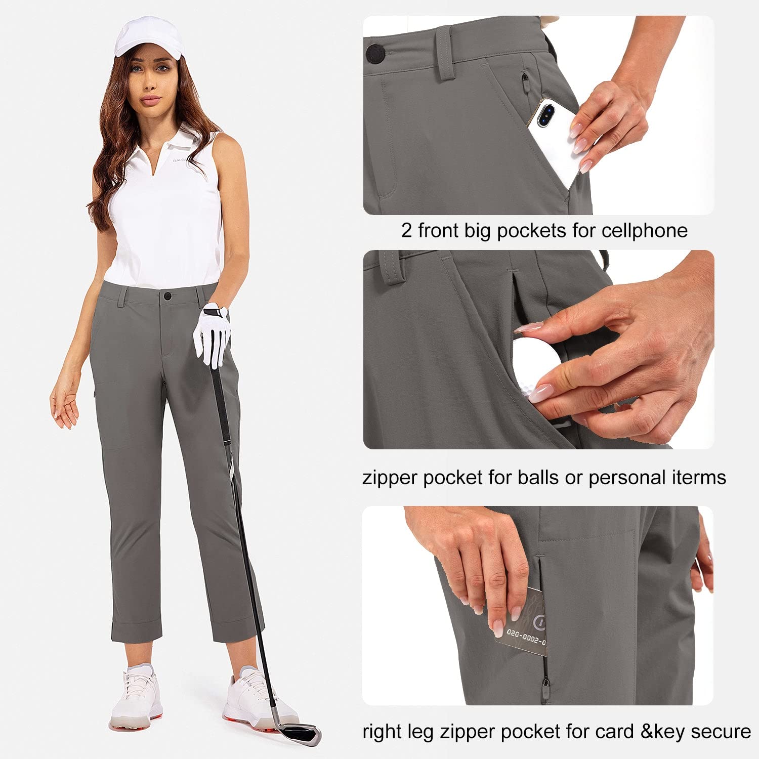 BALEAF Women's Golf Pants Stretch Lightweight Quick Dry Water Resistant Work Pants with Zipper Pocket Steel Grey Size XXL
