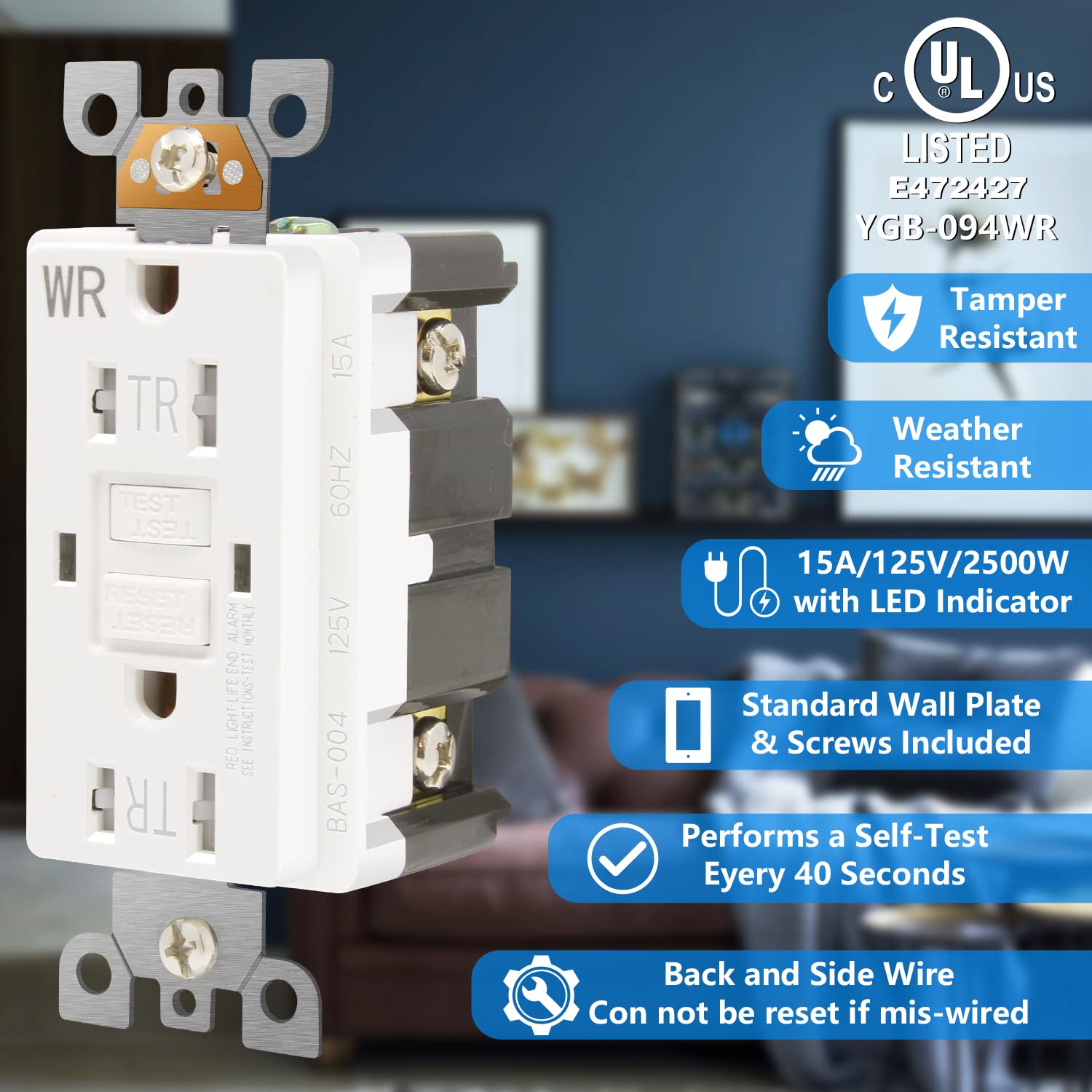 ANKO GFCI Outlet 15 Amp, Tamper-Resistant, Weather Resistant Receptacle Indoor or Outdoor Use, 2 LED Indicator with Decor Wall Plates and Screws, White